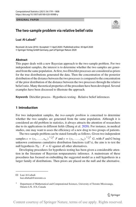 The Two Sample Problem Via Relative Belief Ratio Request Pdf
