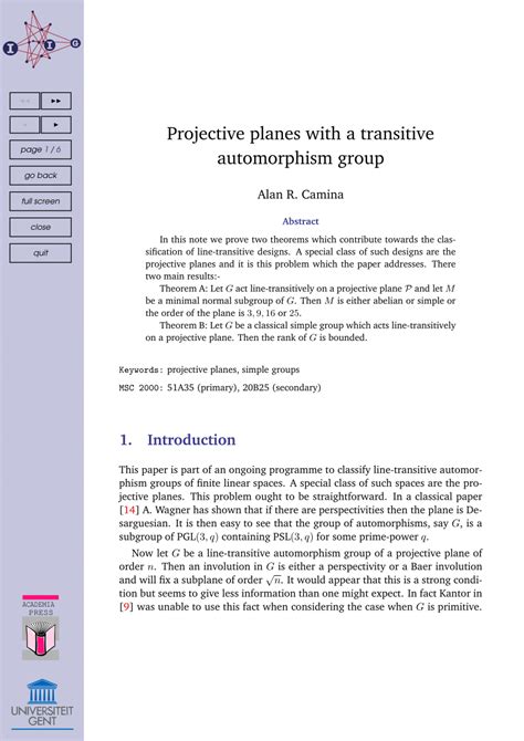 pdf projective planes with a transitive automorphism group