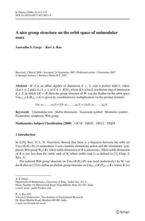 Pdf A Nice Group Structure On The Orbit Space Of Unimodular Rows Ii