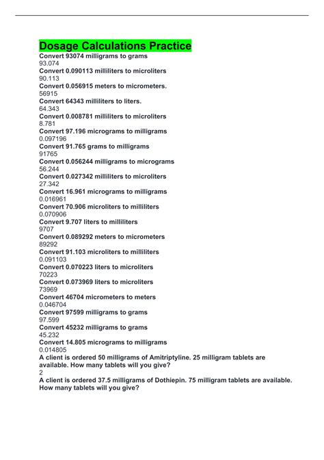 Dosage Calculations Practice Questions And Answers Complete Solution Dosage Calculations