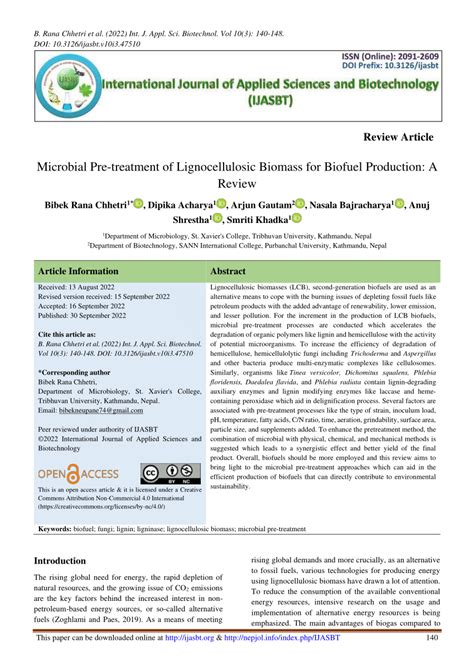 PDF Microbial Pre Treatment Of Lignocellulosic Biomass For Biofuel Production A Review