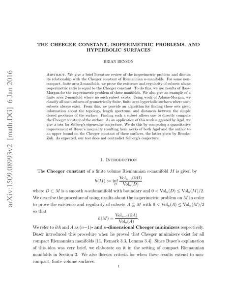Pdf The Cheeger Constant Isoperimetric Problems And Hyperbolic Surfaces