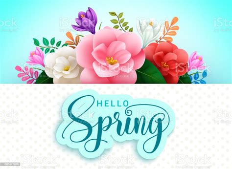 스프링 인사말 벡터 템플릿 디자인 꽃과 꽃 시즌 메시지에 대한 꽃다발을 잎 종이 예술 장식과 흰색 패턴 배경에 안녕하세요 봄