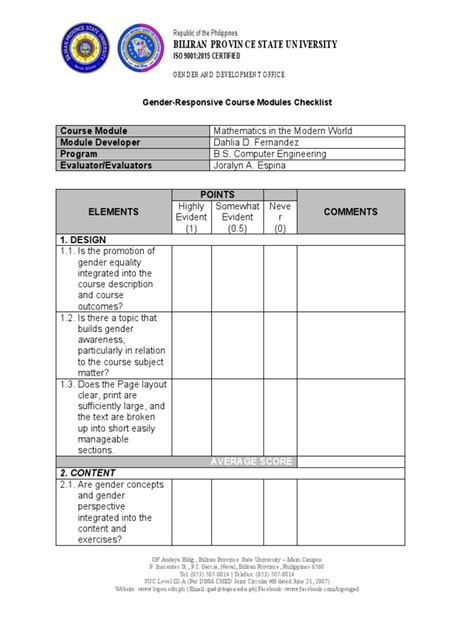 Gender Responsive Checklist For Modules 1 1 Pdf Learning Human