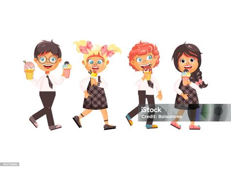 벡터 일러스트 레이 션 만화 절연 문자 어린이 학생 남학생 여 학생 먹는 아이스크림 바닐라 초콜릿 아이스 식사 달콤한 음식 학교 간식 평면 스타일 흰색 배경 개성 개념에