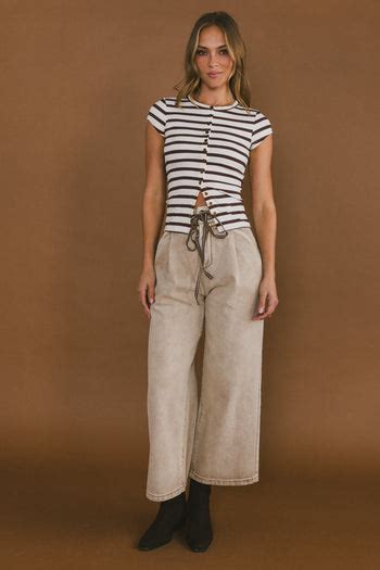 Vestia Striped Button Up Tee In Brown Final Sale