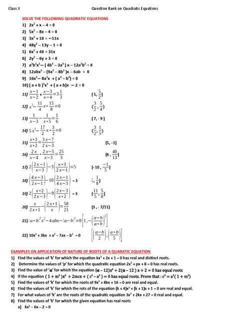 Class X Quadratic Equations Pdf Speed Numbers
