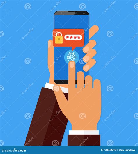 Hands With Smartphone Unlocked With Fingerprint Button And Password Notification Vector Mobile