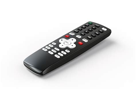 A Black Remote Control With White Buttons And A Red Button In The