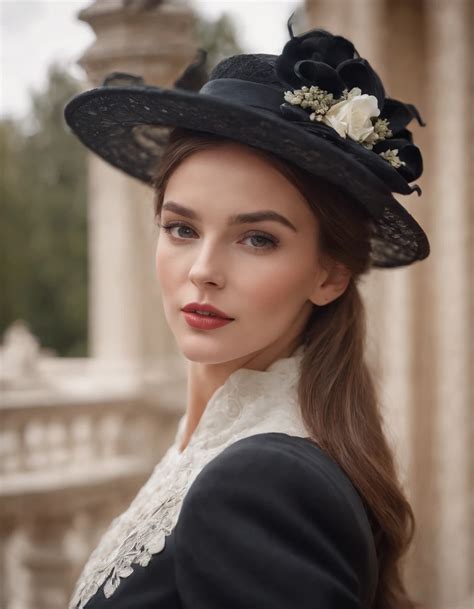 꽃이 달린 검은색 모자를 쓴 여자 Seaart Ai