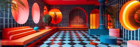 A Room With Vibrant Colors And A Checkered Floor Pattern Stock Illustration Illustration Of