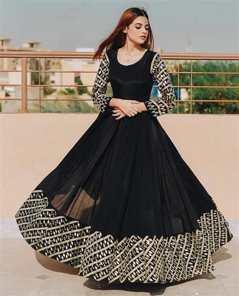 Black Anarkali Frock With Mirror Work Black Long Traditional Wear For