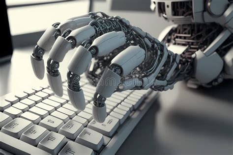 Robot Arm In Typing On Keyboard Generative Ai Design Stock
