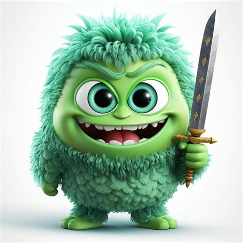 Premium Photo A Cute Cartoon Green Monster With Sward