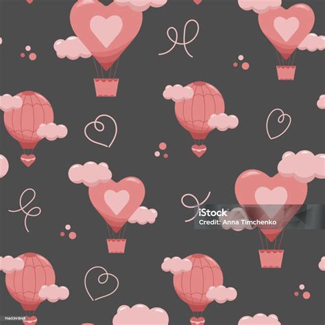 구름이 있는 파스텔 핑크 색상의 공기 풍선의 벡터 평면 매끄러운 패턴 로맨틱 귀여운 베이비 프린트 작은 공주 디자인입니다 아기 소녀를위한 어두운 벽지 0명에 대한 스톡 벡터