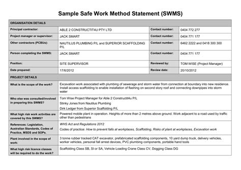 Safe Work Method Statements Template