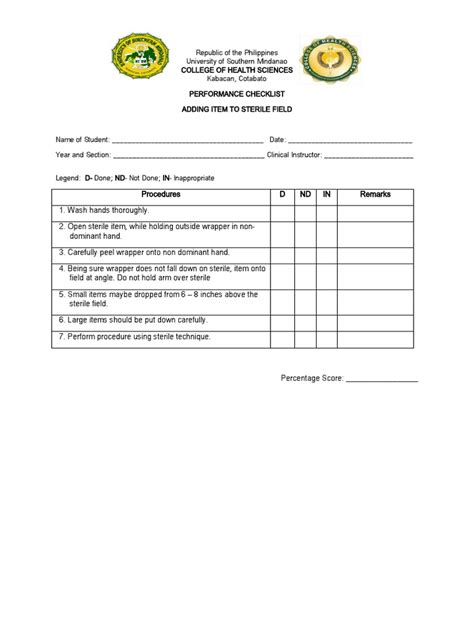 Procedural Checklist Ncm 112 Rle Preparing A Sterile Field Opening A Sterile Pack Adding Items