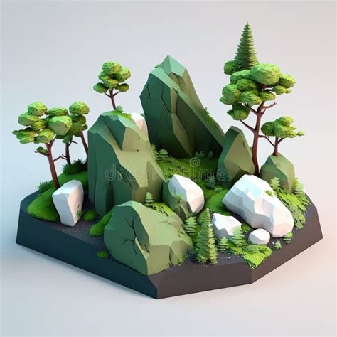 Mossy Rocks And Swaying Trees Isometric Low Poly View Ai Generation