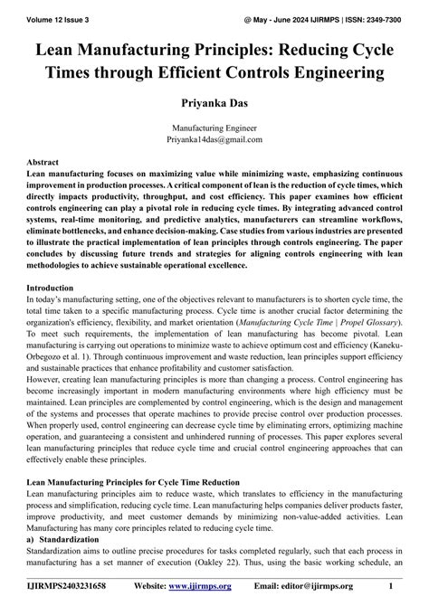 Pdf Lean Manufacturing Principles Reducing Cycle Times Through Efficient Controls Engineering