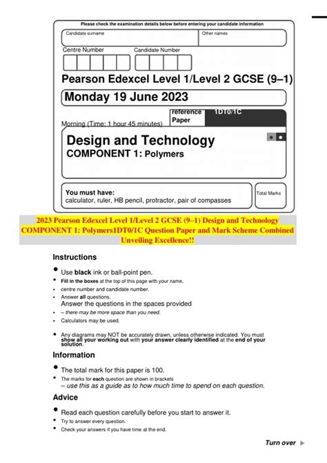 2023 Pearson Edexcel Level 1/Level 2 GCSE (9–1) Design and Technology ...