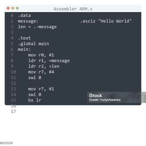 Assembler Arm Language Hello World Program Sample In Editor Window
