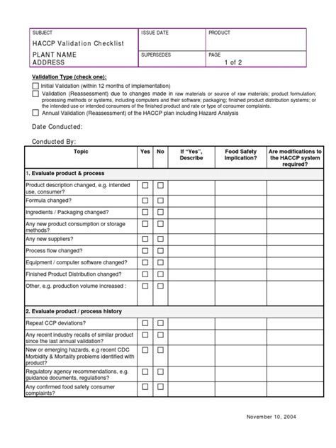 Haccp Validation Checklist Plant Name Address Validation Type Check