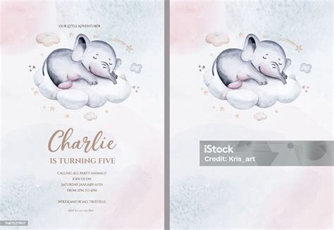 수채화는 달과 구름 위에서 자고 있는 귀여운 아기 코끼리의 그림을 손으로 그렸습니다 베이비 샤워 테마 초대장 생일 템플릿 코끼리에 대한 스톡 벡터 아트 및 기타 이미지