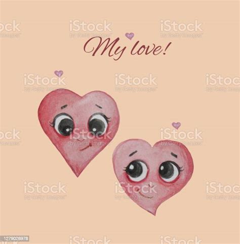 문구와 로맨틱 한 카드 내 사랑 얼굴과 부드러운 배경에 미소와 두 장난 귀여운 마음 수채화 로맨틱 한 디자인 발렌타인 데이 와