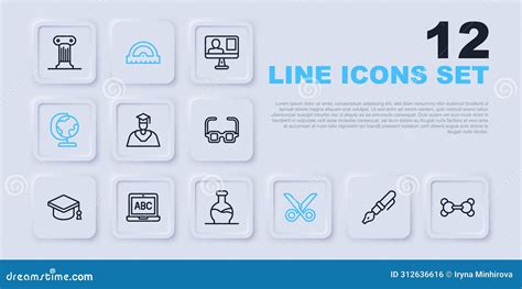 Set Fountain Pen Nib Protractor Picture Landscape And Light Bulb Icon