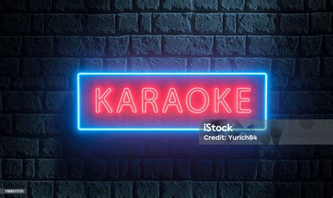 벽돌 벽에 노래 빛 밤 거리 네온 가라오케의 3d 렌더링 가라오케 뮤직 바 나이트 클럽 디스코 나이트 복고풍 파티 쇼 라이브 음악 광고 간판 나이트클럽에 대한 스톡 사진 및