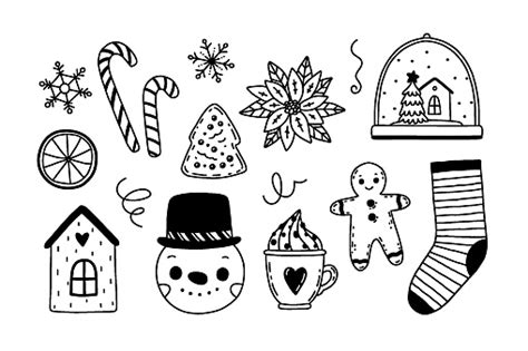 벡터는 크리스마스 요소로 설정됩니다 파란색 배경에 손으로 그린 낙서 장식 겨울 휴가 귀여운 기호 산타 사슴 컵 쿠키 나무 푸딩 사탕 0명에 대한 스톡 벡터 아트 및 기타