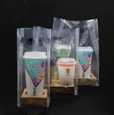 100 세트 1 2 4 컵 크래프트 종이 커피 홀더 투명 비닐 봉투 음료 주스 우유 차 테이크어웨이 팩 티몬