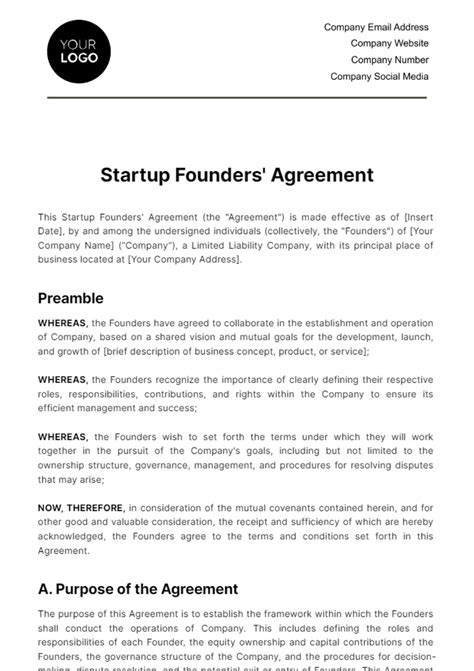 Free Startup Founders Agreement Template To Edit Online