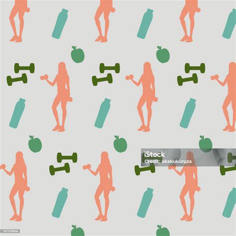 피트니스 여성 체육관 덤벨 물병 사과의 아이콘이 있는 매끄러운 패턴 벡터 그림입니다 갈색에 대한 스톡 벡터 아트 및 기타 이미지