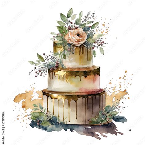 Watercolor Wedding Cake Illustration Dripping Gold Icing Cake With
