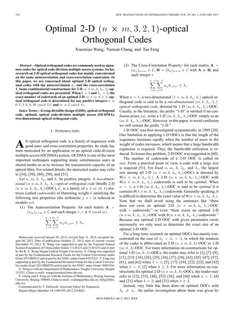 PDF Optimal D Nxm Optical Orthogonal Codes