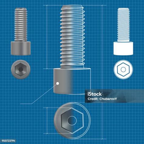 캡 육각 소켓 볼트입니다 3 차원 일러스트 레이 션 및 청사진 배경에 평면 흰색 아이콘 벡터 나사에 대한 스톡 벡터 아트 및 기타 이미지 Istock