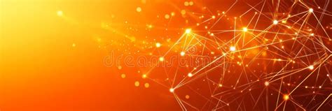 Abstract Orange Technology Background With Connecting Lines Dots Triangles And Bokeh Stock