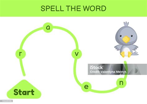 아이들을위한 미로 맞춤법 단어 게임 템플릿 단어 까마귀 인쇄 워크 시트를 읽는 법을 배웁니다 영어 공부를 위한 액티비티 페이지 어린이 발달을 위한 교육 활동 벡터 스톡