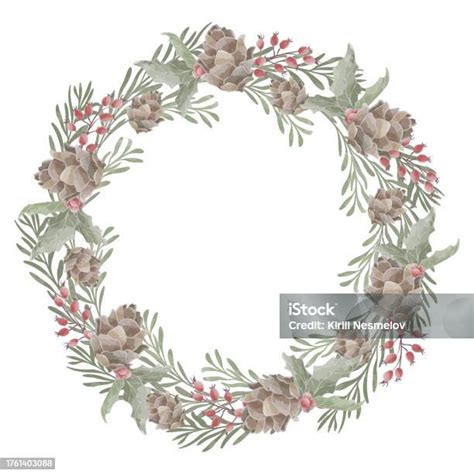 크리스마스 화 환 구성 의 원뿔 와 전나무 가지 수채화 벡터 0명에 대한 스톡 벡터 아트 및 기타 이미지 0명 개체 그룹 결혼식 Istock