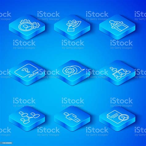 세트 라인 프로젝트 팀 베이스 음성 버블 채팅 헤드 헌팅 계층 구조 오르간 차트 스피커 물음표 및 이력서 아이콘 벡터 3차원 형태에 대한 스톡 벡터 아트 및 기타 이미지