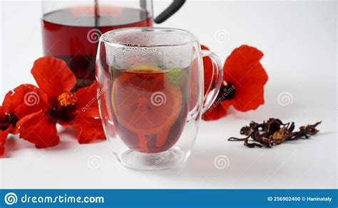 A Transparent Glass with Hot Red Carcade Floral Tea Stock Photo - Image ...