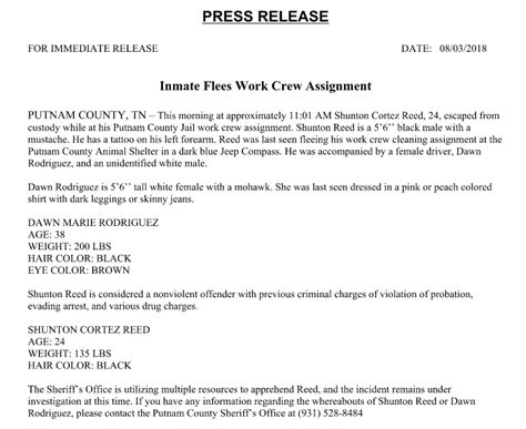 Pcso Press Release Inmate Flees Work Crew Assignment Upper