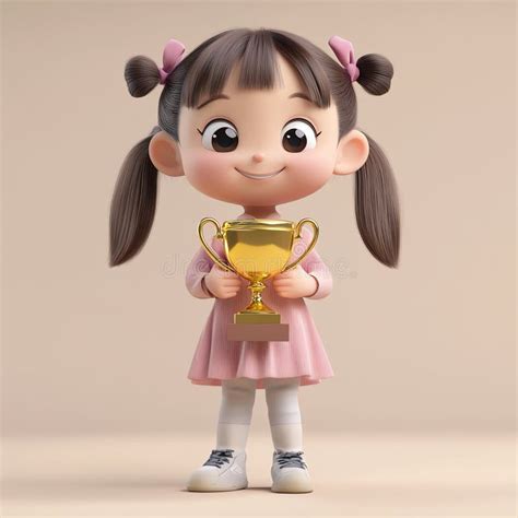 Cute Girl 3d Render Holding Trophy Stock Illustration Illustration Of