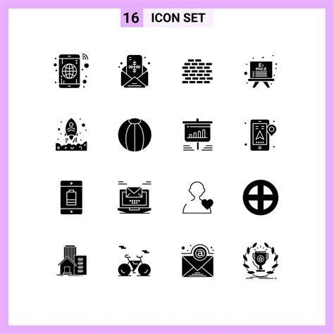 Set Of 16 Vector Solid Glyphs On Grid For Up Rocket Wall Launching Education Editable Vector
