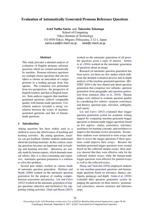 Pdf Evaluation Of Automatically Generated Pronoun Reference Questions