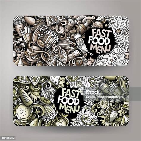 패스트 푸드 손으로 그린 낙서 배너 세트입니다 만화 흑백 상세 전단지입니다 0명에 대한 스톡 벡터 아트 및 기타 이미지 0명 3차원 형태 감자 요리 Istock