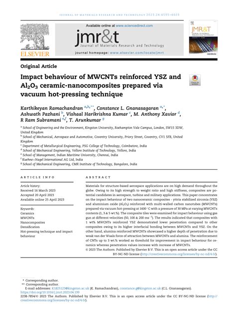 Pdf Impact Behaviour Of Mwcnts Reinforced Ysz And Al2o3 Ceramic Nanocomposites Prepared Via
