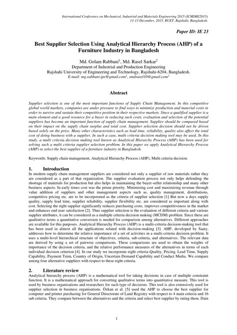 Pdf Best Supplier Selection Using Analytical Hierarchy Process Ahp Of A Furniture Industry