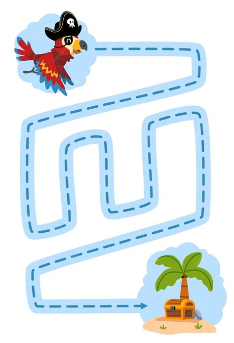 어린이 필기 연습을 위한 교육 게임 선 추적 귀여운 만화 앵무새가 나무로 이동하는 데 도움 인쇄 가능한 해적 워크시트 프리미엄 벡터